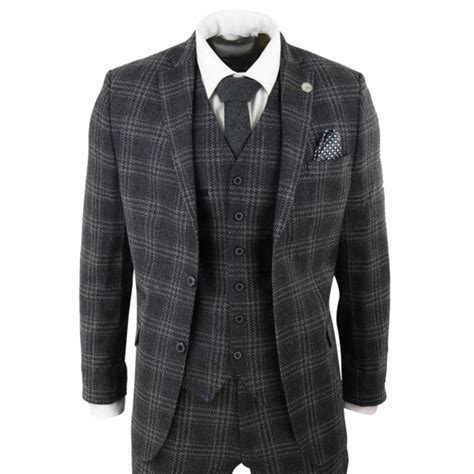 Mens Charcoal Grey Check Tweed 3 Piece Suit Buy Online Happy Gentleman