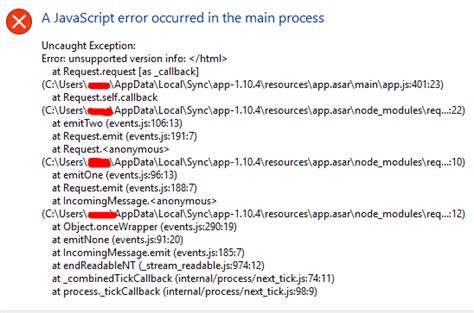 a javascript error occurred in the main process help