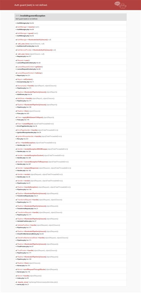 laravel how to solve auth guard [web] is not defined problem stack