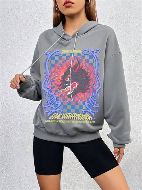 Shein Coolane Letter And Cartoon Graphic Drop Shoulder Drawstring Hoodie