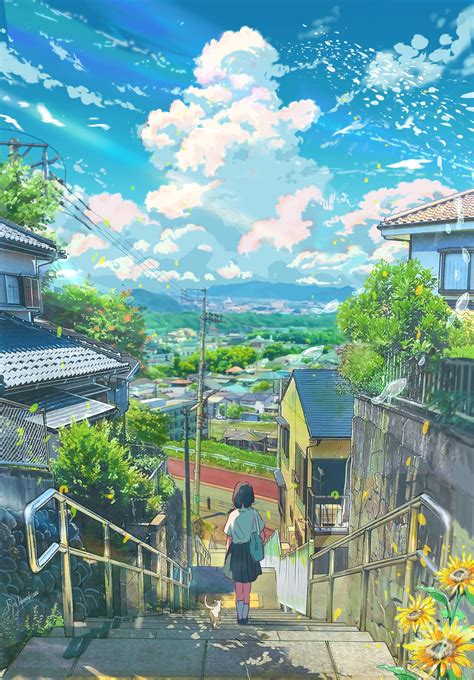 Safebooru 1girl Absurdres Bag Building Cat Chain Link Fence Clouds