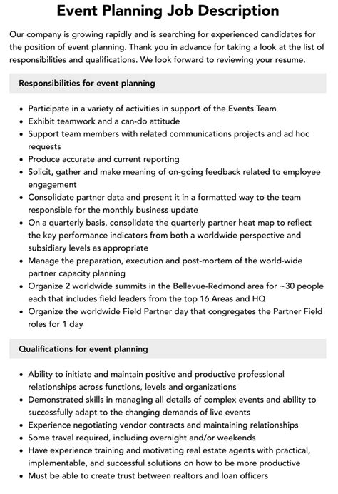 event planning job description velvet jobs