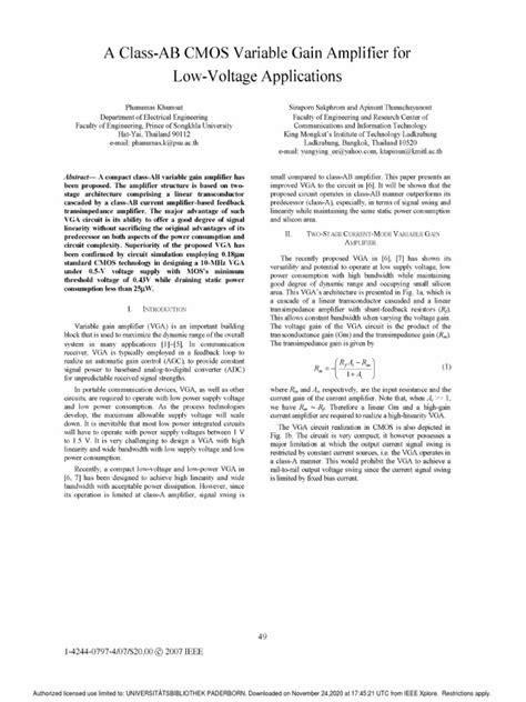 A Class Ab Cmos Variable Gain Amplifier For Low Voltage Applications