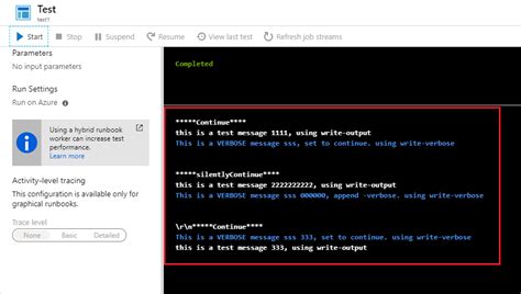 how to display verbose output in an azure automation runbook stack