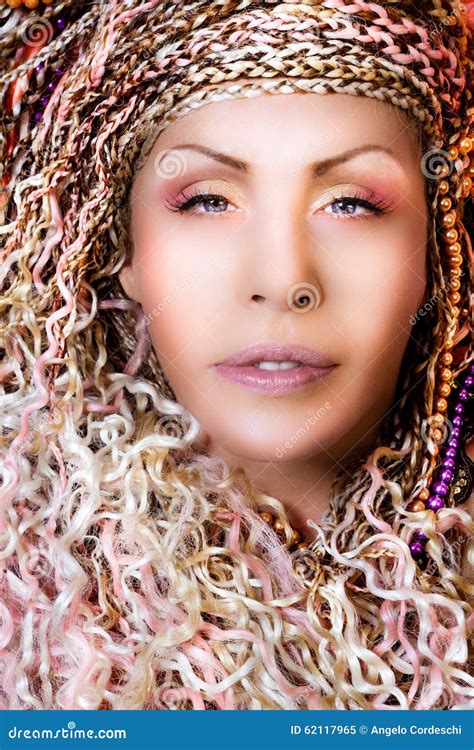 Woman Hairstyle Close Portrait Makeup And Hair Gold Braids Stock