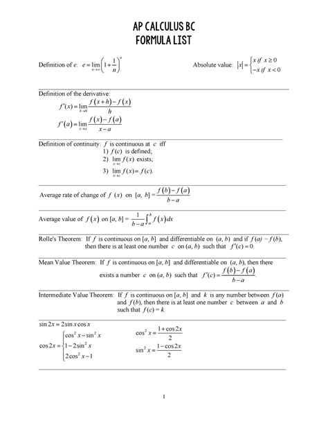 Calculus Formula List Ap Calculus Bc Formula List Definition Of E 1