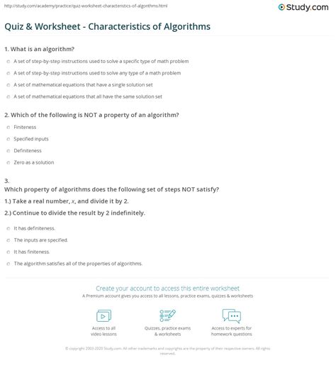quiz and worksheet characteristics of algorithms