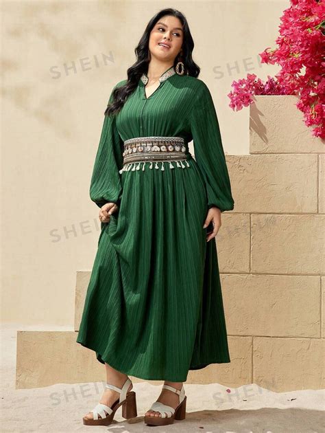 Shein Mulvari Plus Size Womens Textured Lantern Sleeve Arabic Style