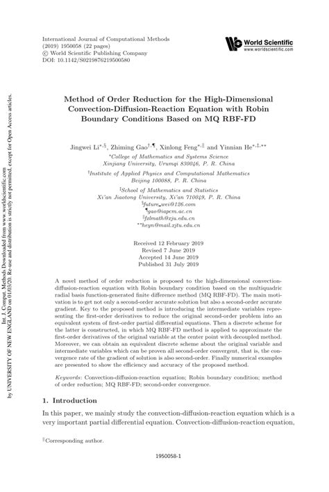 Pdf Method Of Order Reduction For The High Dimensional Convection