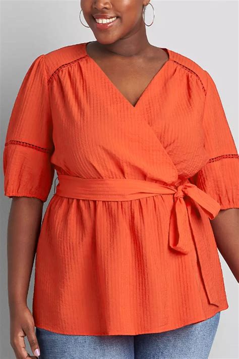 Orange V Neck Puff Sleeves Side Tie Top Meet Curve Meet Curve