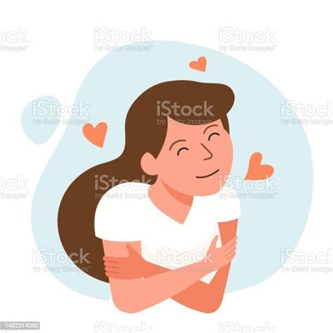Happy Women Hugging Herself With Heart Icons Self Care Self Love Stock