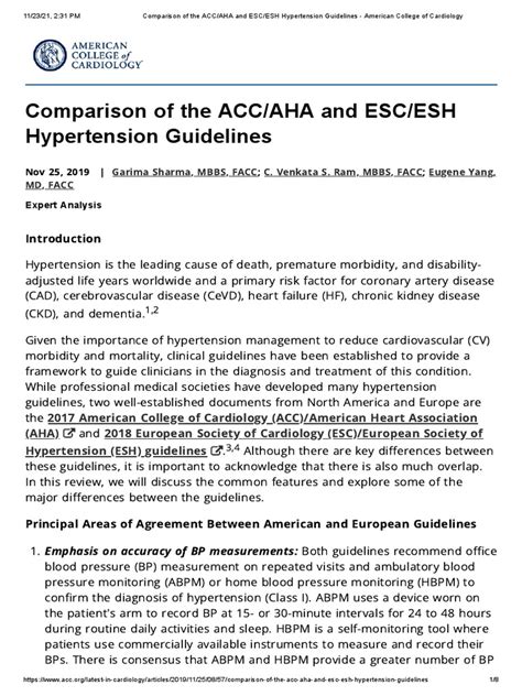 Comparison Of The Acc Aha And Esc Esh Hypertension Guidelines Pdf