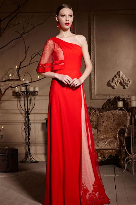 Unique Robe De Cérémonie Rouge Asymétrique Longue Bloc Couleur Jmrouge Fr