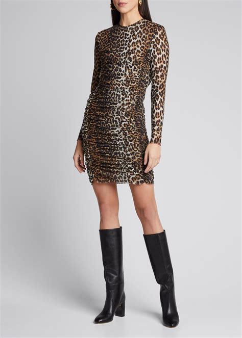 Ganni Leopard Print Ruched Mesh Long Sleeve Dress Bergdorf Goodman