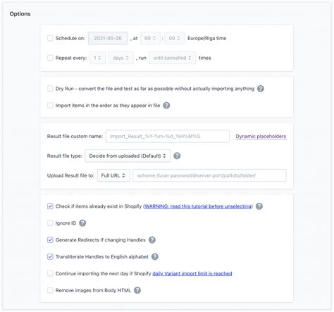 matrixify import job options matrixify app