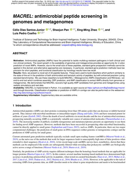 Pdf Macrel Antimicrobial Peptide Screening In Genomes And Metagenomes