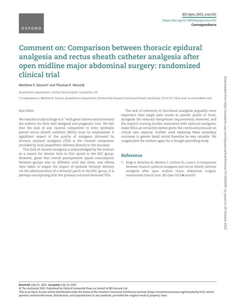 Pdf Comment On Comparison Between Thoracic Epidural Analgesia And
