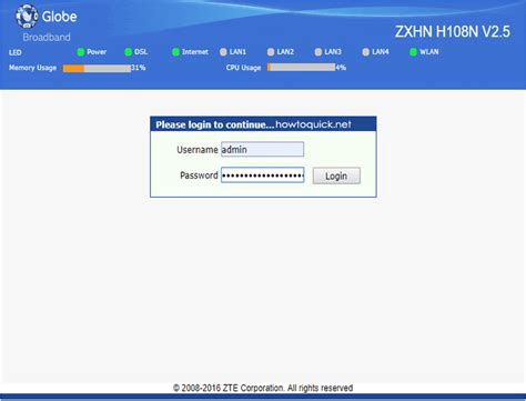 globe at home zte h288a default password