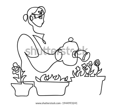 One Line Drawing Woman Watering Plant Stock Vector Royalty Free