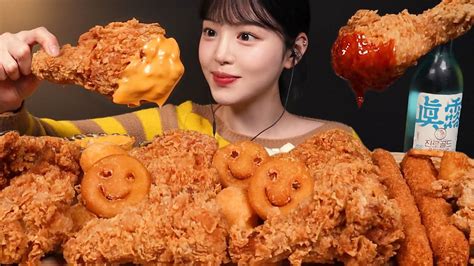Sub 바삭끝판왕 Bbq 핫황금올리브치킨 먹방 새우스틱 닭껍질튀김 치즈볼까지 쏘맥 꿀조합 Ft 진로골드 리얼사운드