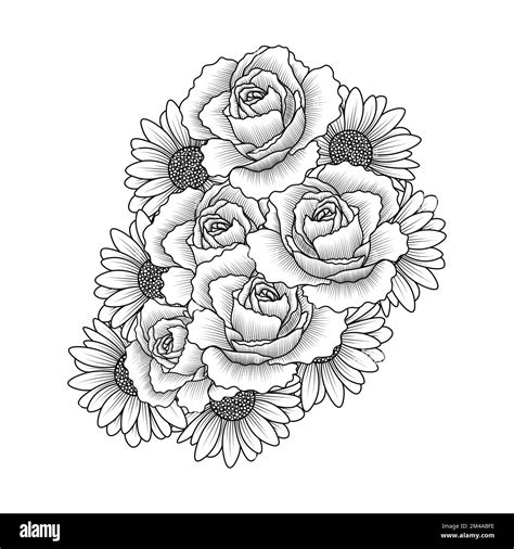 Daisy Flower And Rose Flower Adult Coloring Book Page Design Of Vector