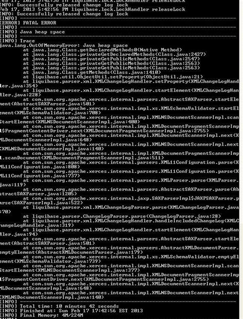 maven liquibase causing java heap space fatal error stack overflow