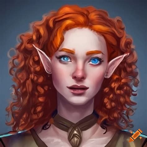 Portrait Of A Female Half Elf Bard With Curly Red Hair And Blue Eyes On