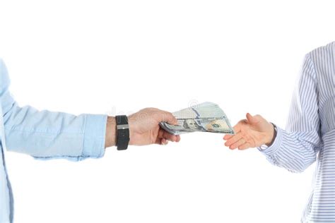 Man Giving Bribe Money To Woman On Background Closeup Of Hands Stock