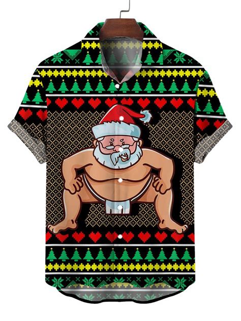 Mens Casual Ugly Christmas Print Short Sleeve Shirt Button Down Shirt