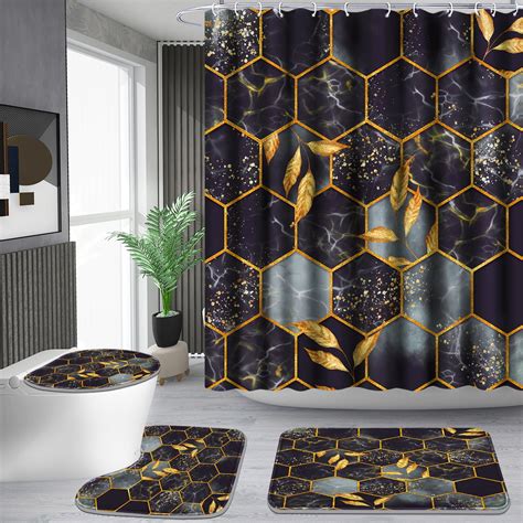 Poedist 4pcs Marble Bathroom Set Shower Curtain Non Slip Rugs Lid