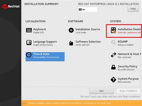 red hat enterprise linux installation destination