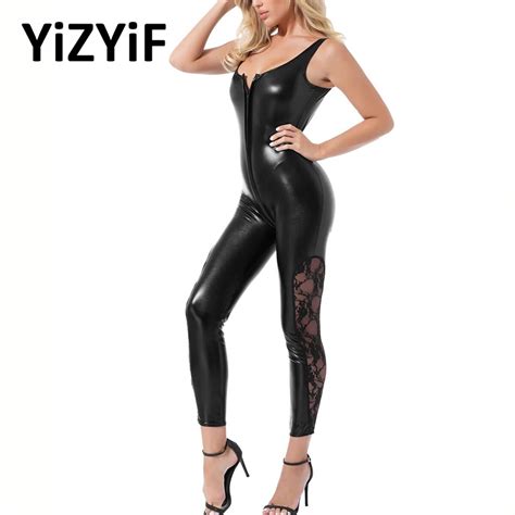 80i Erotic Faux Leather Catsuit Sexy Hot Women Pvc Latex Bodysuit Front
