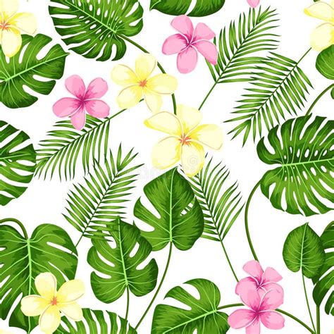 Tropical Seamless Pattern With Exotic Palm Leaves And Tropical Flower