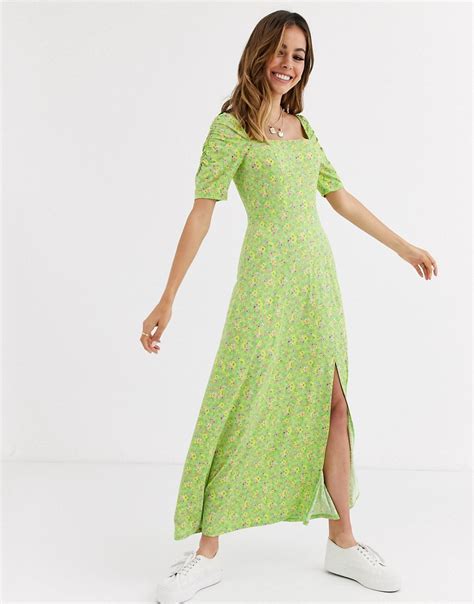 Asos Design Ruched Sleeve Maxi Tea Dress In Floral Print Multi Modesens