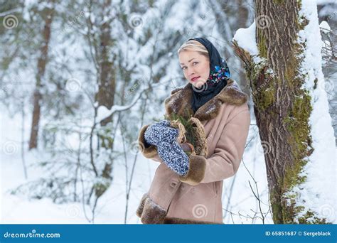 Beautiful Russian Winter Girl In Snowy Forest Stock Image Image Of