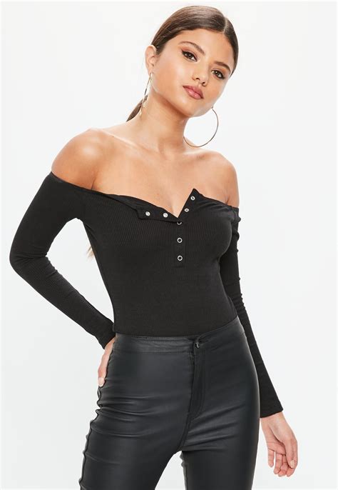 Missguided Black Popper Front Bardot Bodysuit Fashion Autumn