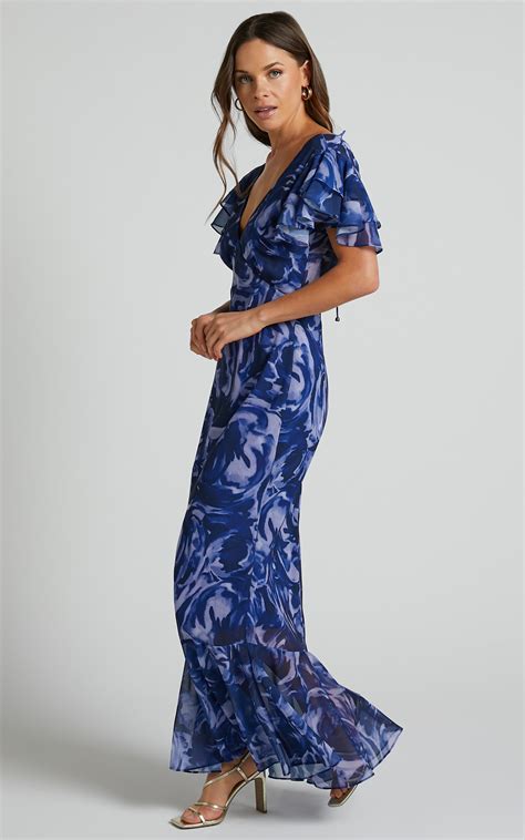 Dylana Maxi Dress V Neck Flutter Sleeve Dress In Navy Swirl Showpo Eu