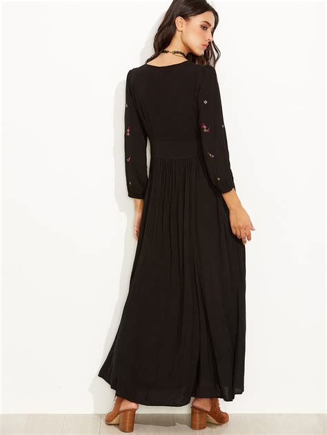 Black Flower Embroidered Long Sleeve Maxi Dress Shein Sheinside