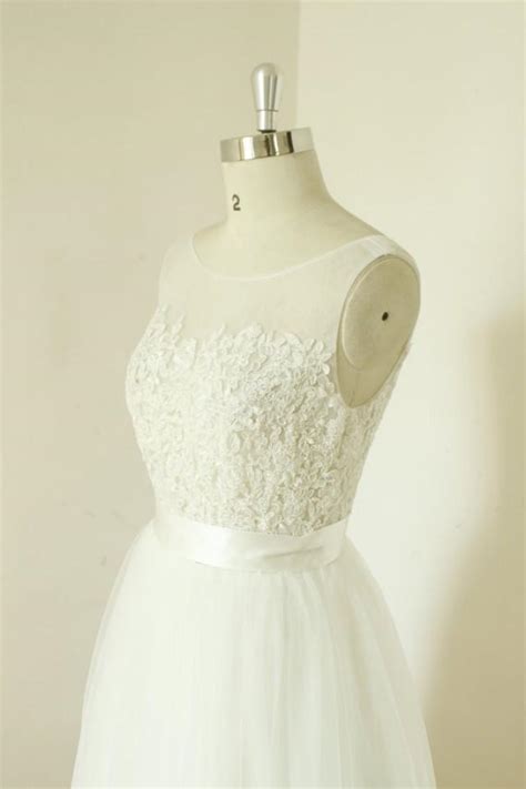 A Line Sex Sheer Ivory Wedding Dress Lace Tulle Wedding Gown Mesh