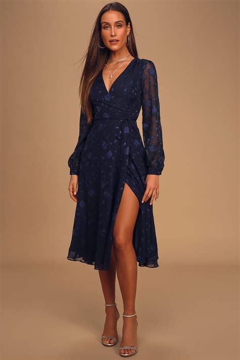 Evening Of Elegance Navy Blue Floral Jacquard Wrap Midi Dress