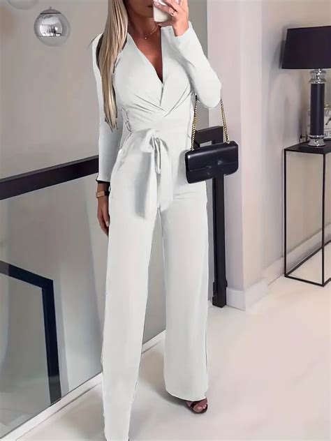 Wide Leg Belted Jumpsuit Sexy Long Sleeve V Neck Jumpsuit Temu