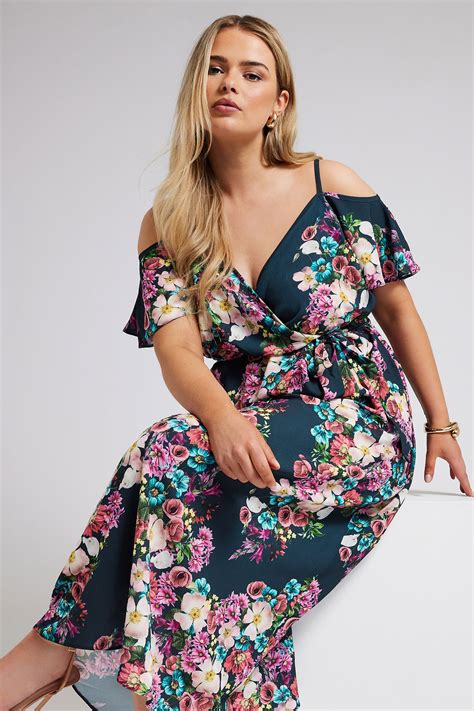 Yours London Plus Size Blue Floral Print Cold Shoulder Wrap Dress