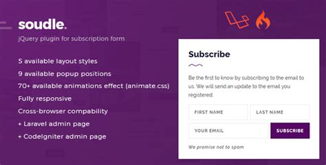 soudle js jquery plugin for subscription form laravel and codeigniter