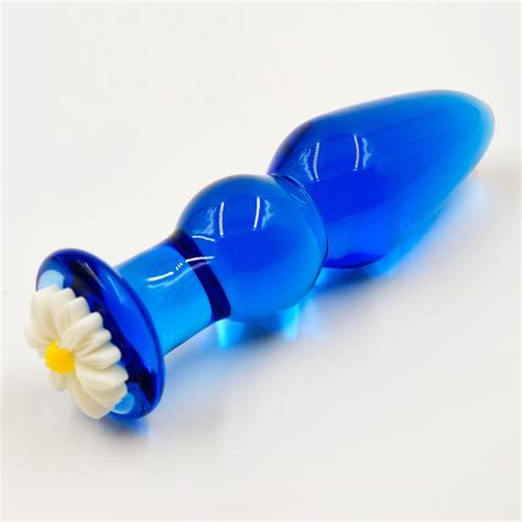 Crystal Pyrex Glass Anal Plug With Bead Flower Ornament Blue Butt Plug