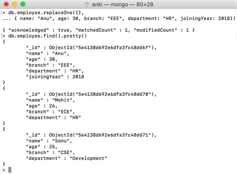 mongodb replace documents using mongoshell geeksforgeeks