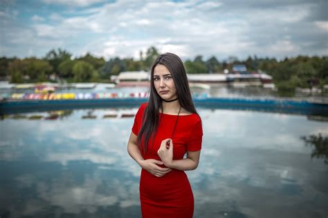 Wallpaper Depth Of Field Red Dress Water Portrait Choker Women
