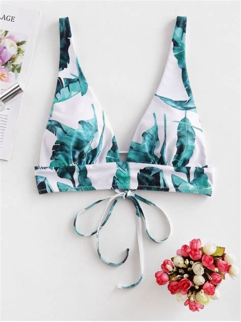 Zaful Palm Leaf Tie Tropical Bikini Top White In 2020 Tropical