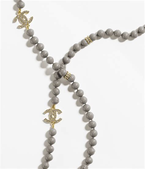Long Necklace Metal Glass Pearls And Strass Gold And Gray — Fashion