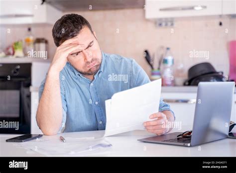One Stressed Man Calculate Bills Worried About Bankruptcy Financial