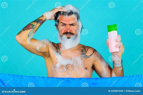 Bearded Man In Shower With Shampoo Bottle Handsome Guy With Foam On